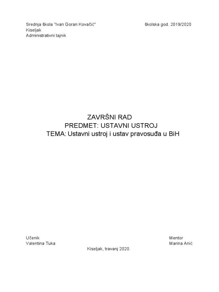 Ustavni Ustroj I Ustav Pravosuđa U BiH Maturski Rad | PDF