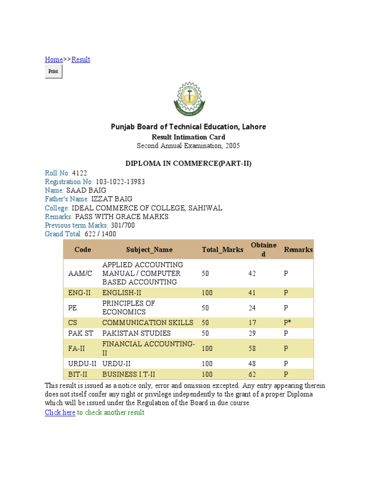 Home Result: Punjab Board of Technical Education, Lahore Result ...