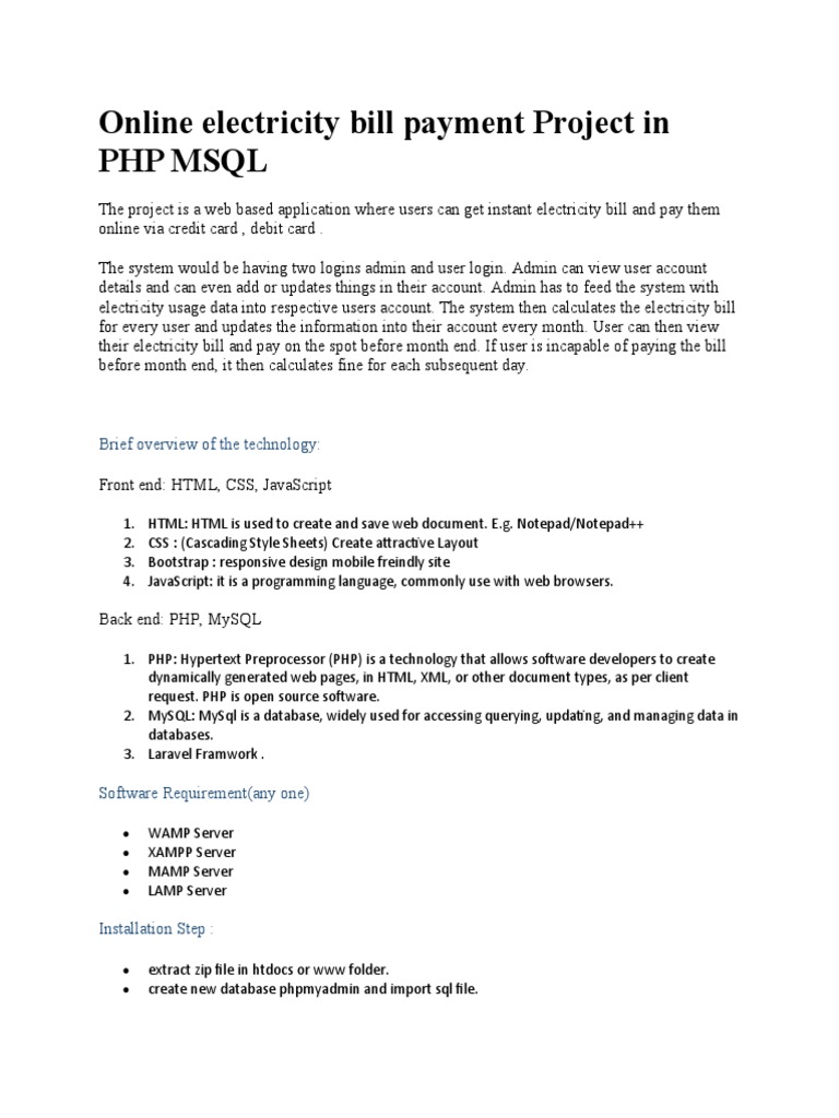 Online Electricity Bill Payment Project in PHP MSQL | PDF