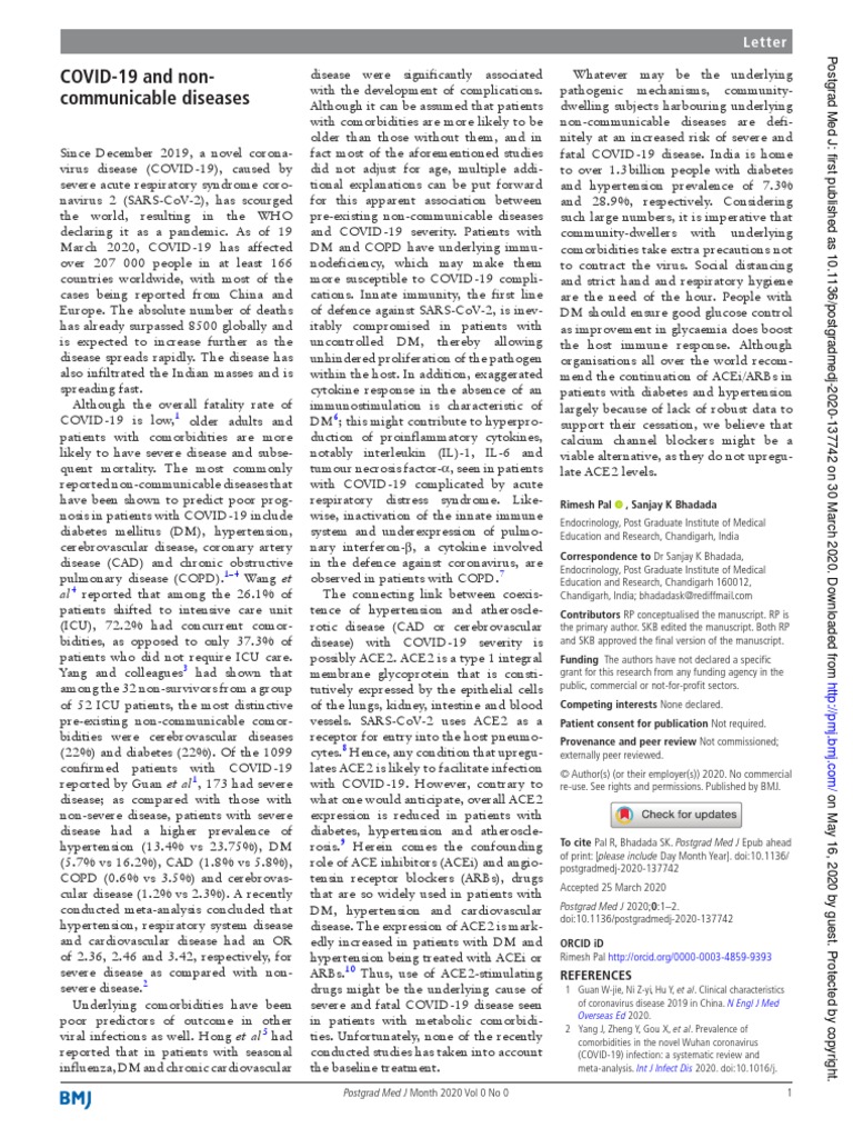 COVID-19 and Non-Communicable Diseases: Letter | PDF | Comorbidity ...