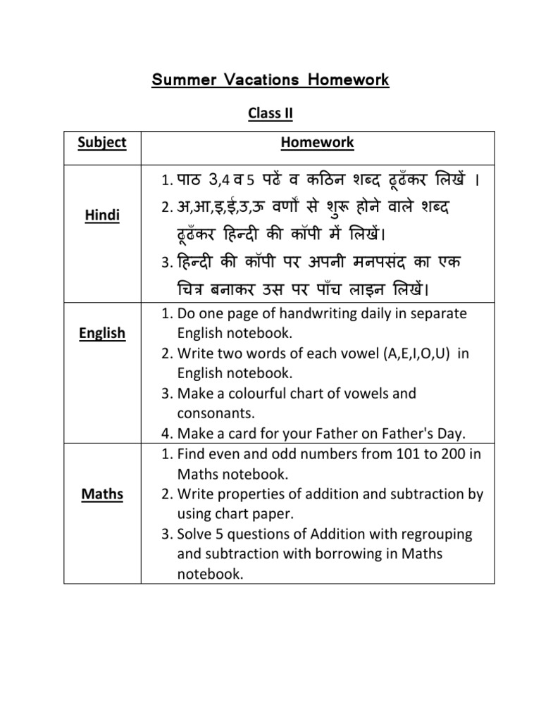 Class 2 Holiday Homework | PDF