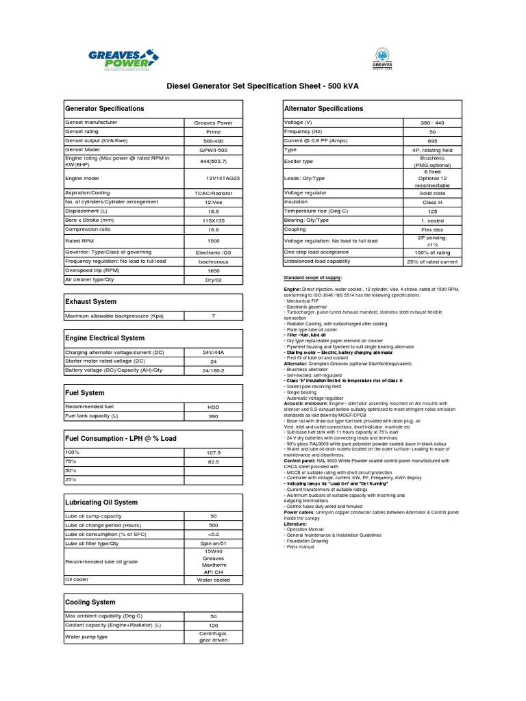 Diesel Generator Set Specification Sheet - 500 kVA: Generator ...