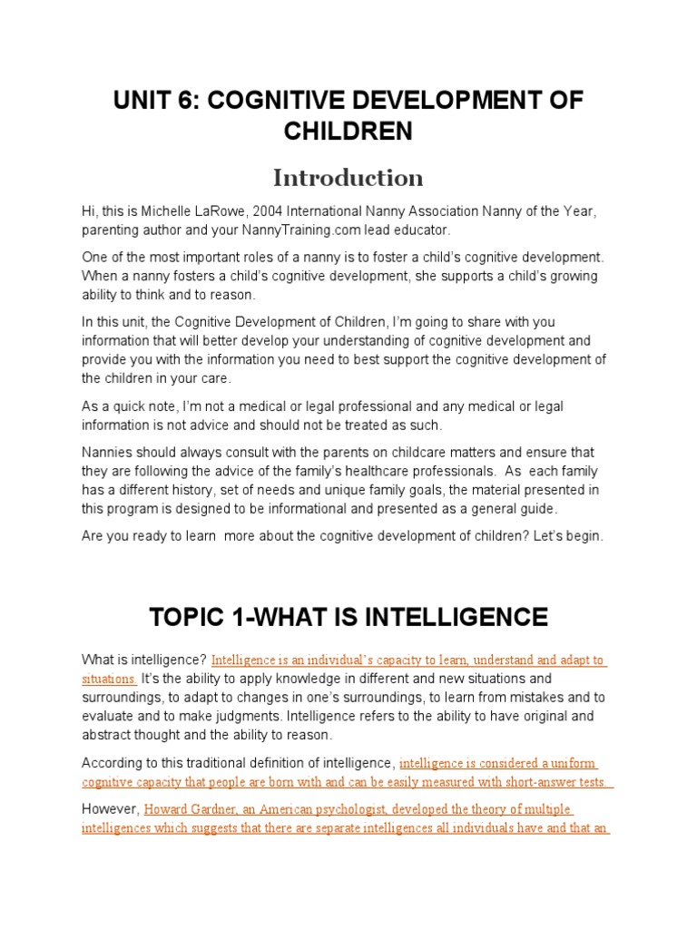 NannyTraining Unit 6 Cognitive Development in Children | PDF ...