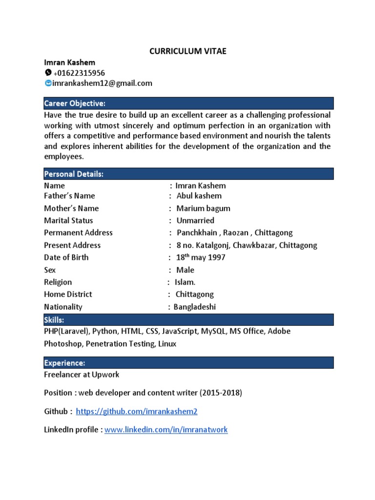 Curriculum Vitae: Imran Kashem | PDF | Computing And Information Technology | Science
