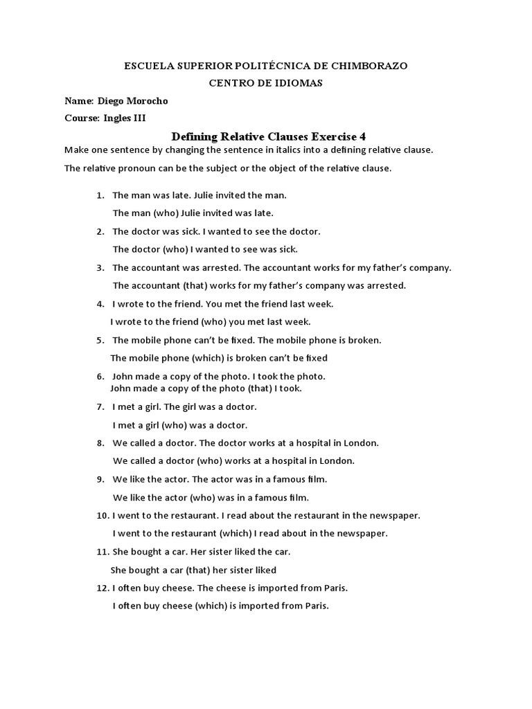 Defining Relative Clauses Exercise: Consolidating Sentences Using ...