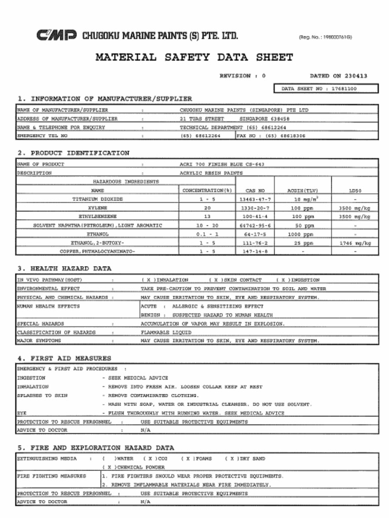 MSDS - Acri 700 Finish Blue CS-643 (17681100) Rev.0 | PDF