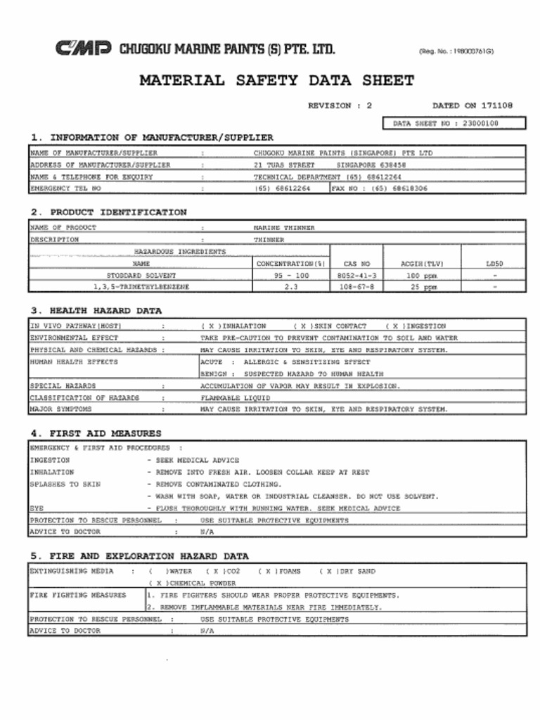 MSDS - Marine Thinner (23000100) Rev.2 PDF | PDF