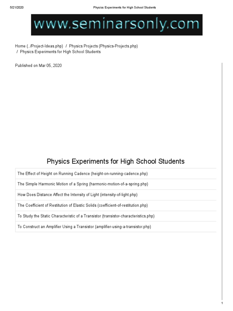 Physics Experiments For High School Students | PDF | Electric Current ...