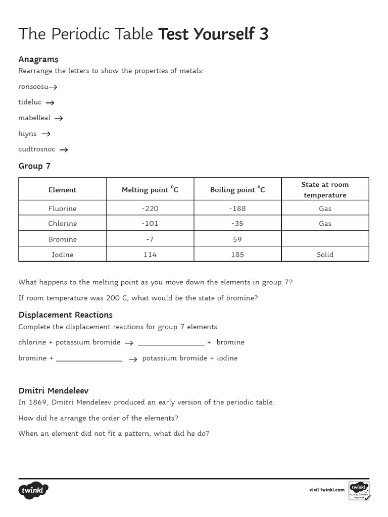 The Periodic Table Test Yourself 3: Anagrams | PDF | Iodine | Chlorine
