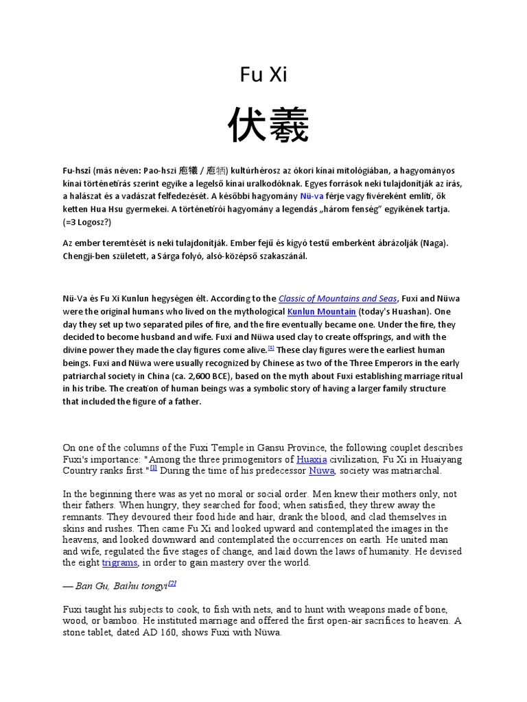 Fu Xi: Fu-hszi (más néven: Pao-hszi 庖犧 / 庖牺) kultúrhérosz az ókori ...