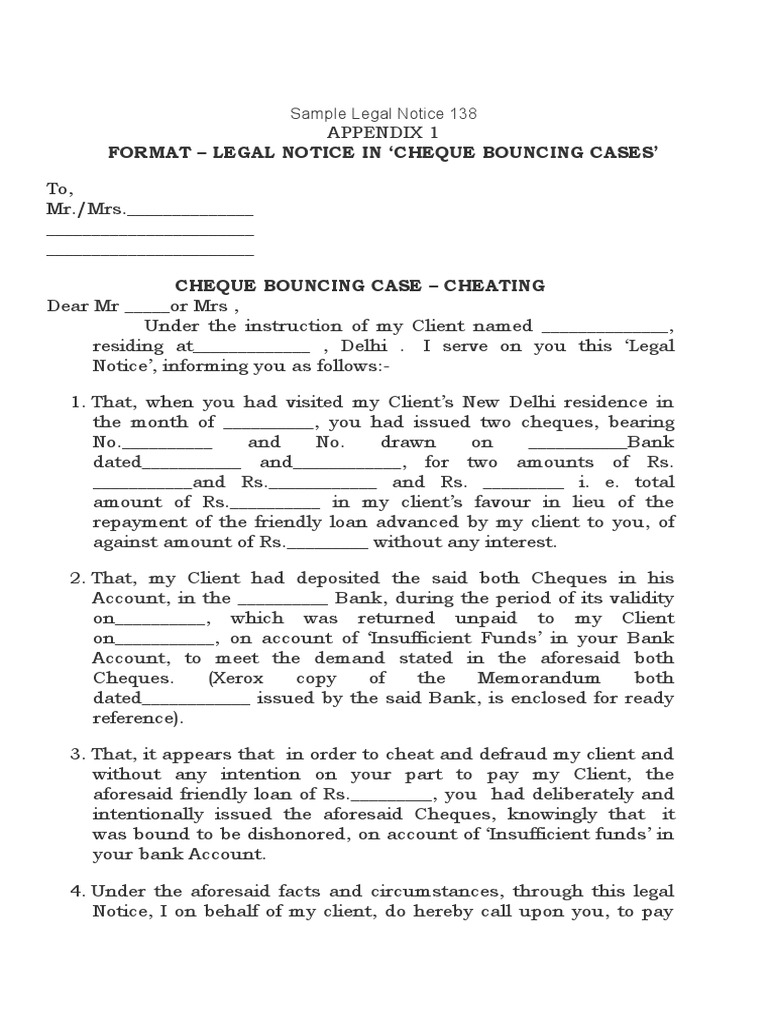 Cheque Bounce Formats | PDF | Cheque | Banks