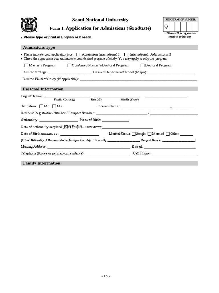 Seoul National University Application For Admissions (Graduate ...