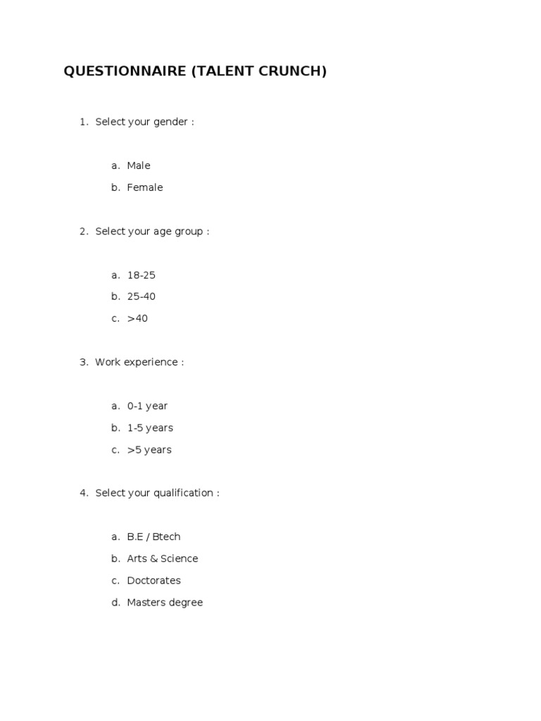 Questionnaire (Talent Crunch) : 1. Select Your Gender | PDF ...