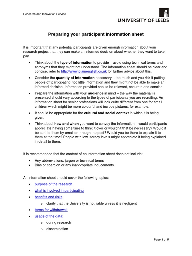 Preparing Your Participant Information Sheet: Research and Innovation Service | PDF ...