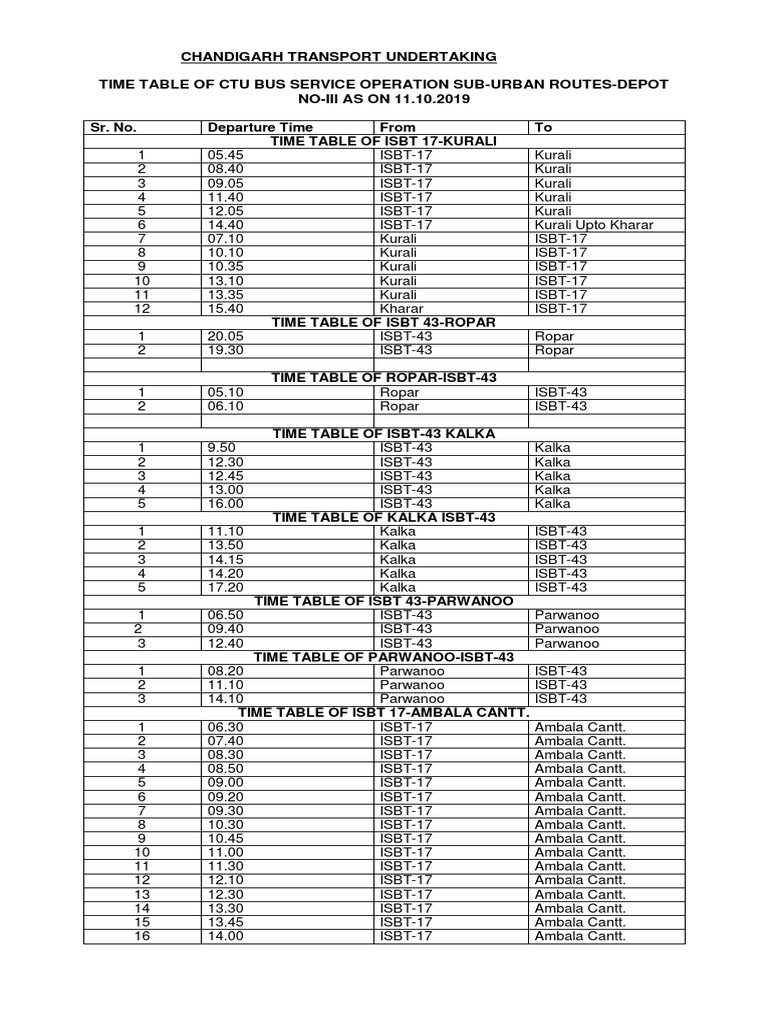 Chandigarh Transport Undertaking Time Table of Ctu Bus Service ...