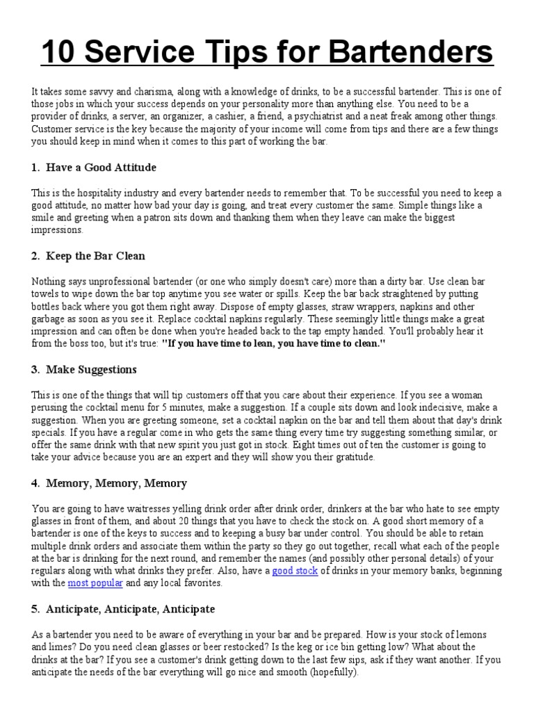 Essential Service Tips for Bartenders | PDF | Bartender | Drink