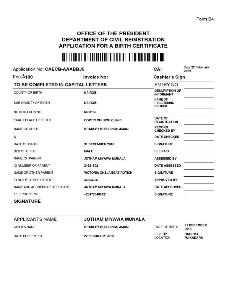 Office of The President Department of Civil Registration Application ...