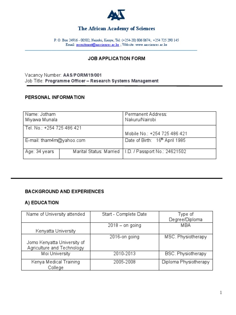 Aas Job Application Form2 | PDF | Physical Therapy | Marketing