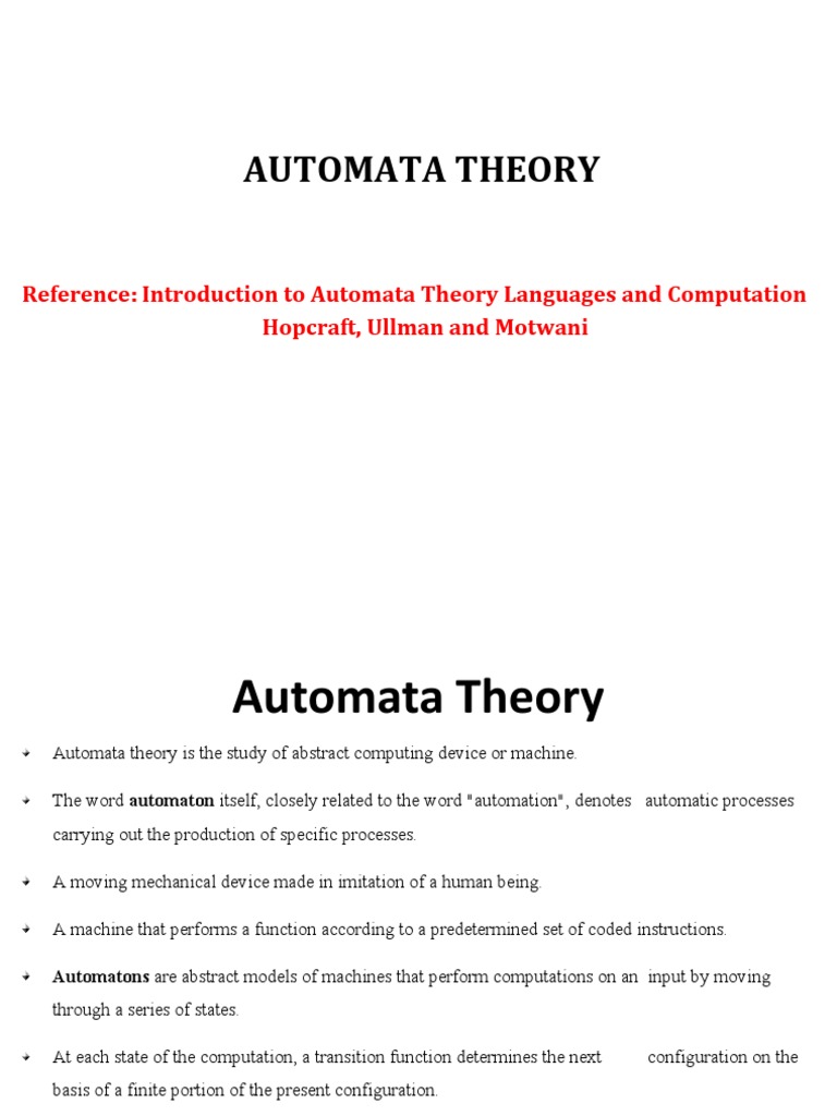 Automata Theory: Reference: Introduction To Automata Theory Languages and Computation Hopcraft ...