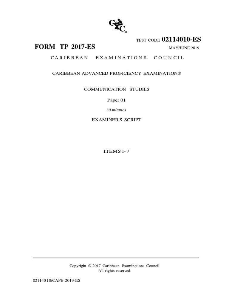 CAPE Communication Studies 2019 P1 (Examiner's Script) PDF | PDF