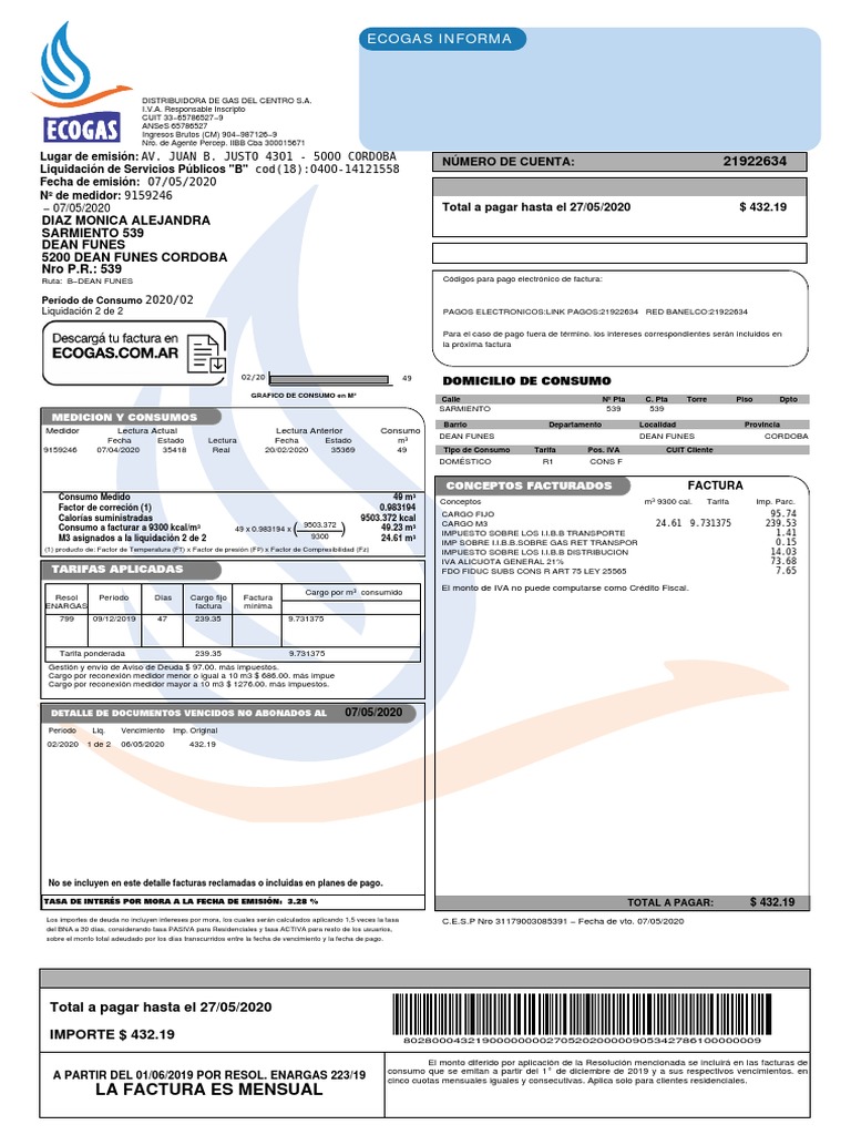 Factura Debito ECOGAS Nro 0400 14121558 000021922634 Cen PDF | PDF | Economias | Business