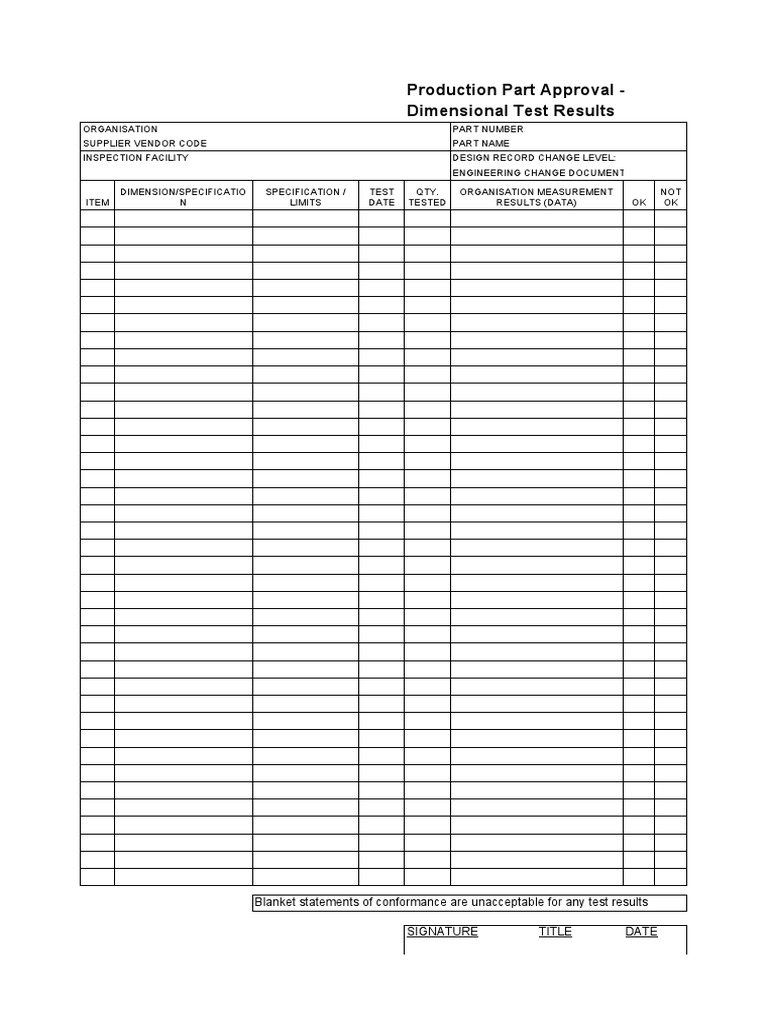 Production Part Approval - Dimensional Test Results | PDF