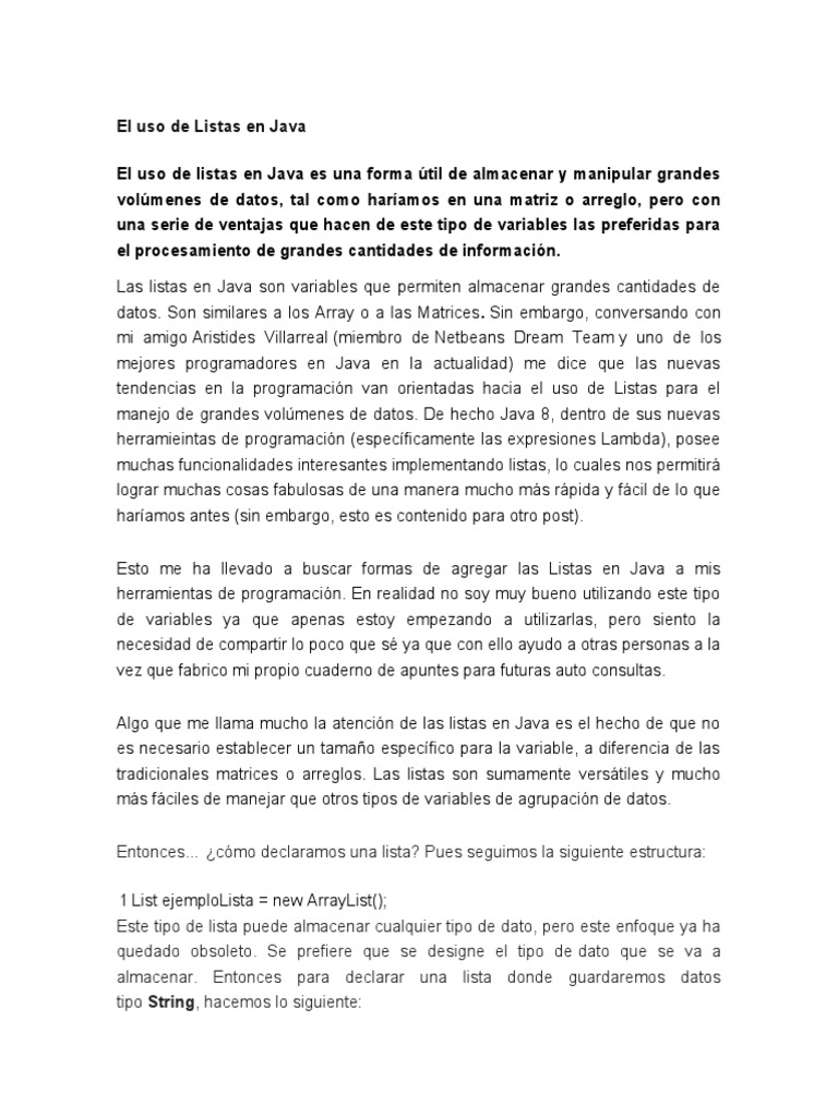El Uso de Listas en Java | PDF | Estructura de datos de matriz | Java ...