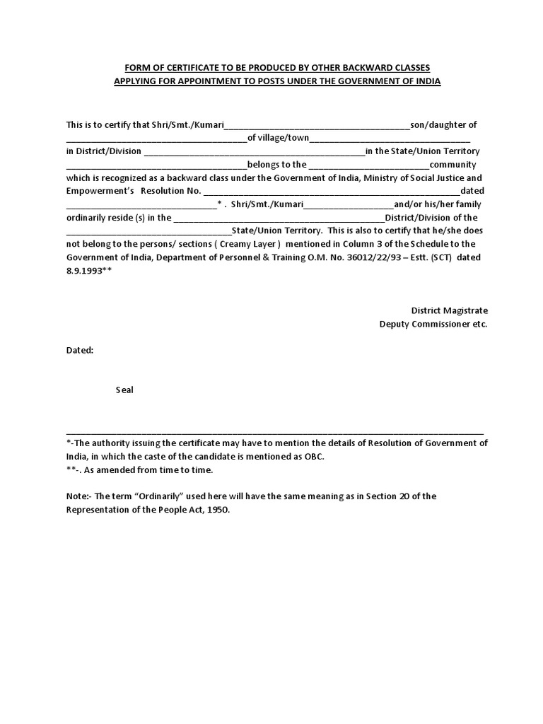 Form of Certificate To Be Produced by Other Backward Classes Applying ...