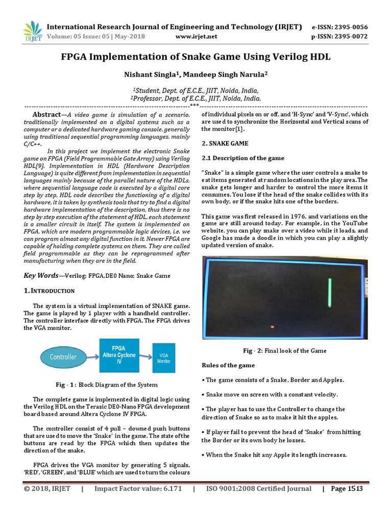 FPGA Implementation of Snake Game Using PDF | PDF | Hardware ...