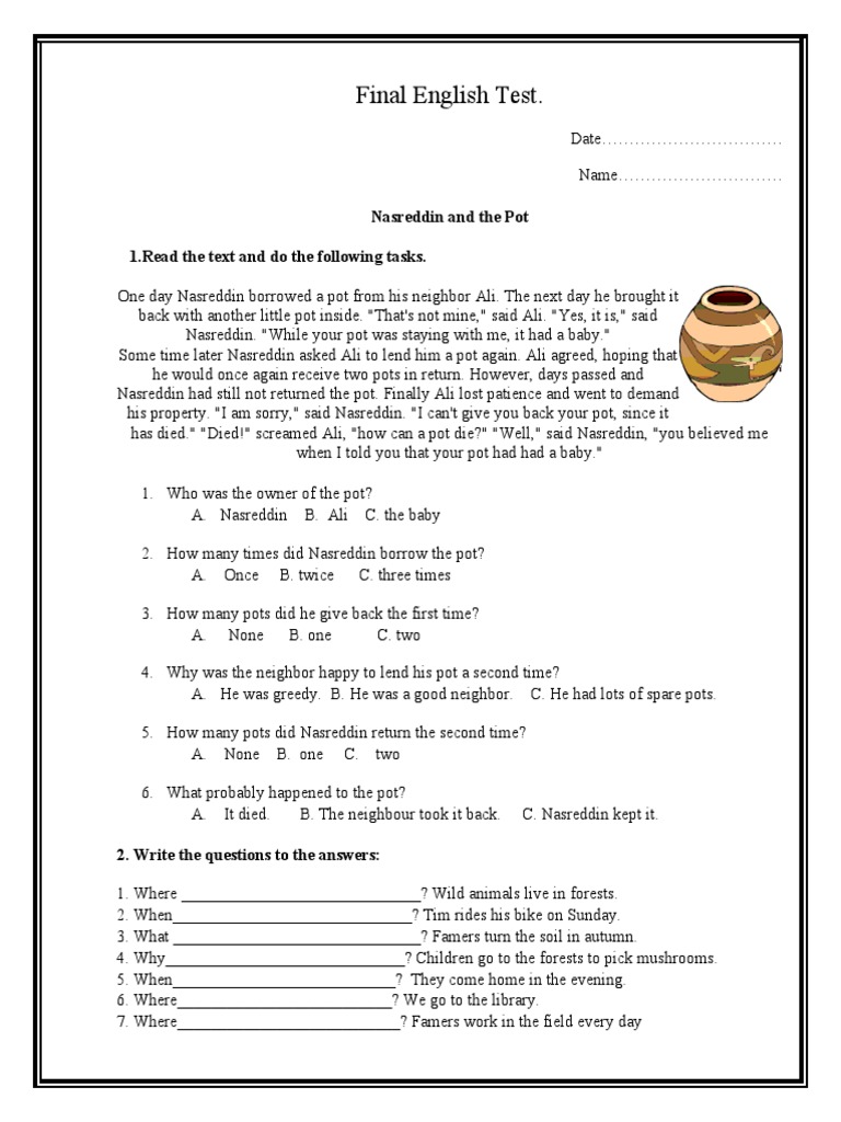 Final English Test.: Nasreddin and The Pot 1.read The Text and Do The ...