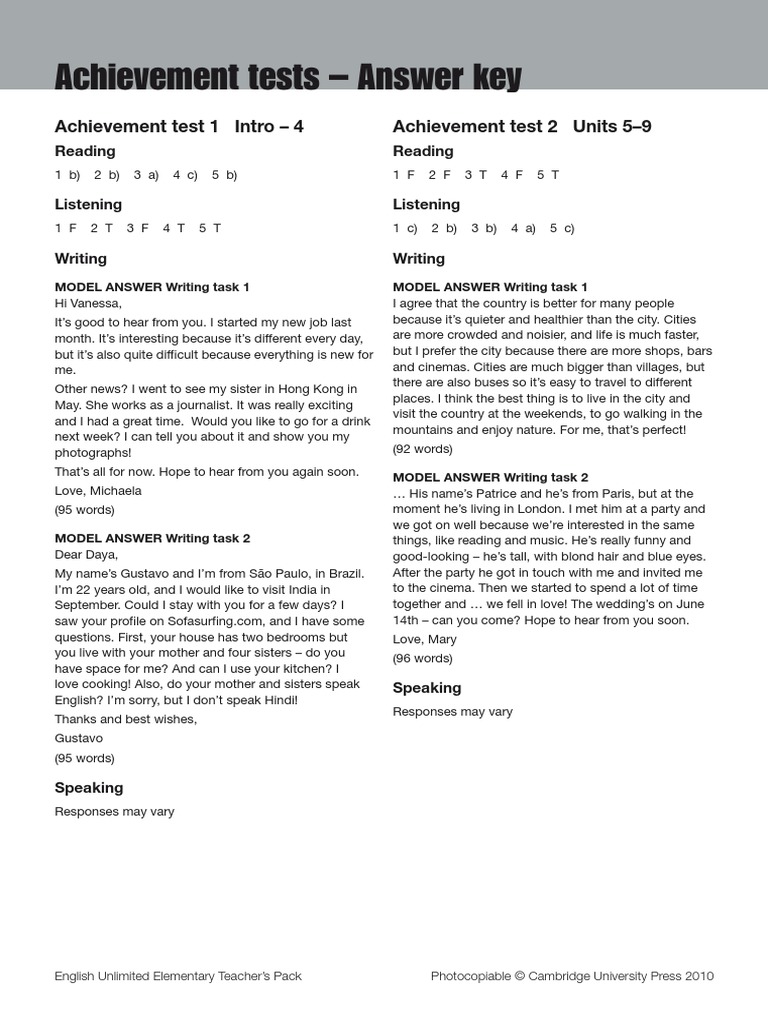 Achievement Tests - Answer Key: Achievement Test 1 Intro - 4 ...