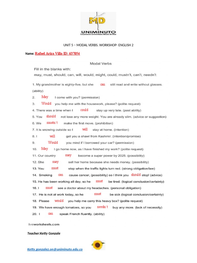Unit 5. Modal Verbs. Workshop. English 2 | PDF