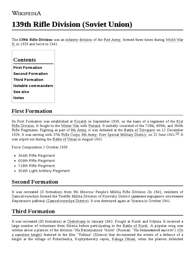 139th Rifle Division (Soviet Union) : First Formation Second Formation ...