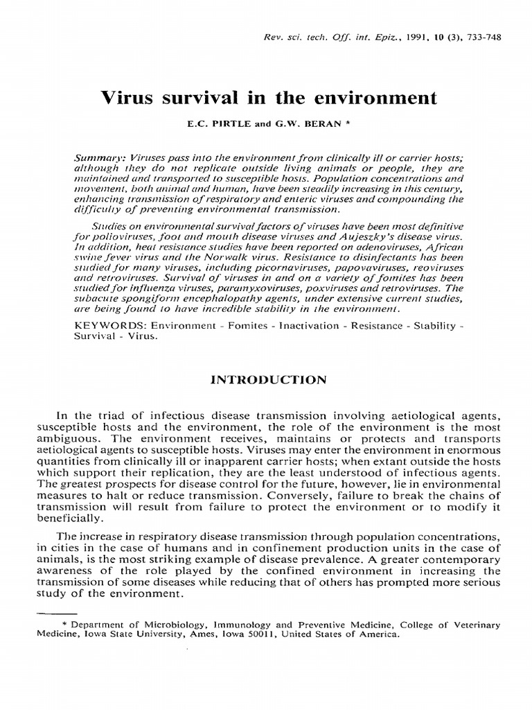 Virus Survival in The Environment: E.C. Pirtleandg.W. Beran | PDF ...