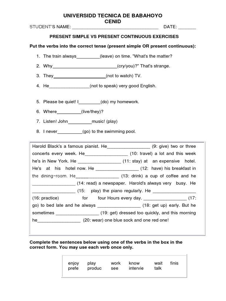 Present Simple vs. Progressive Exercises | PDF | Linguistic Typology ...
