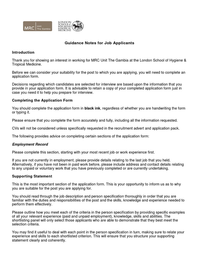 Application Form Guidance Notes For Applicants | PDF | Recruitment ...