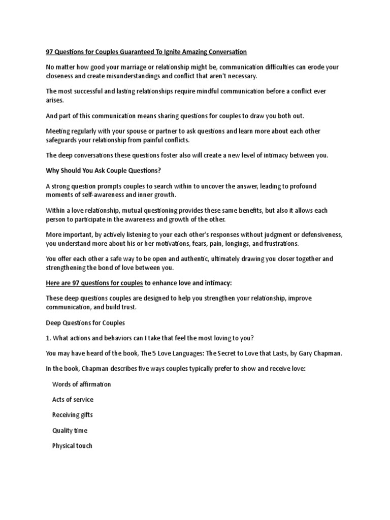 97 Questions to Boost Couple Communication | PDF | Romance (Love ...