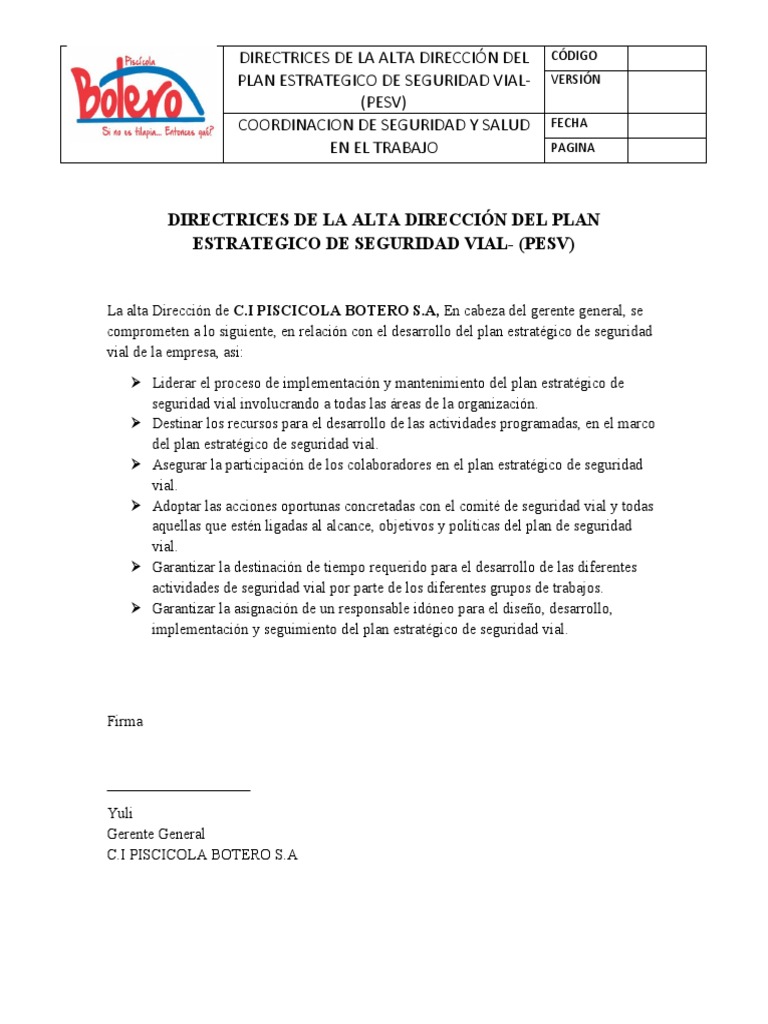 Directrices del PESV en C.I. Piscícola Botero | PDF