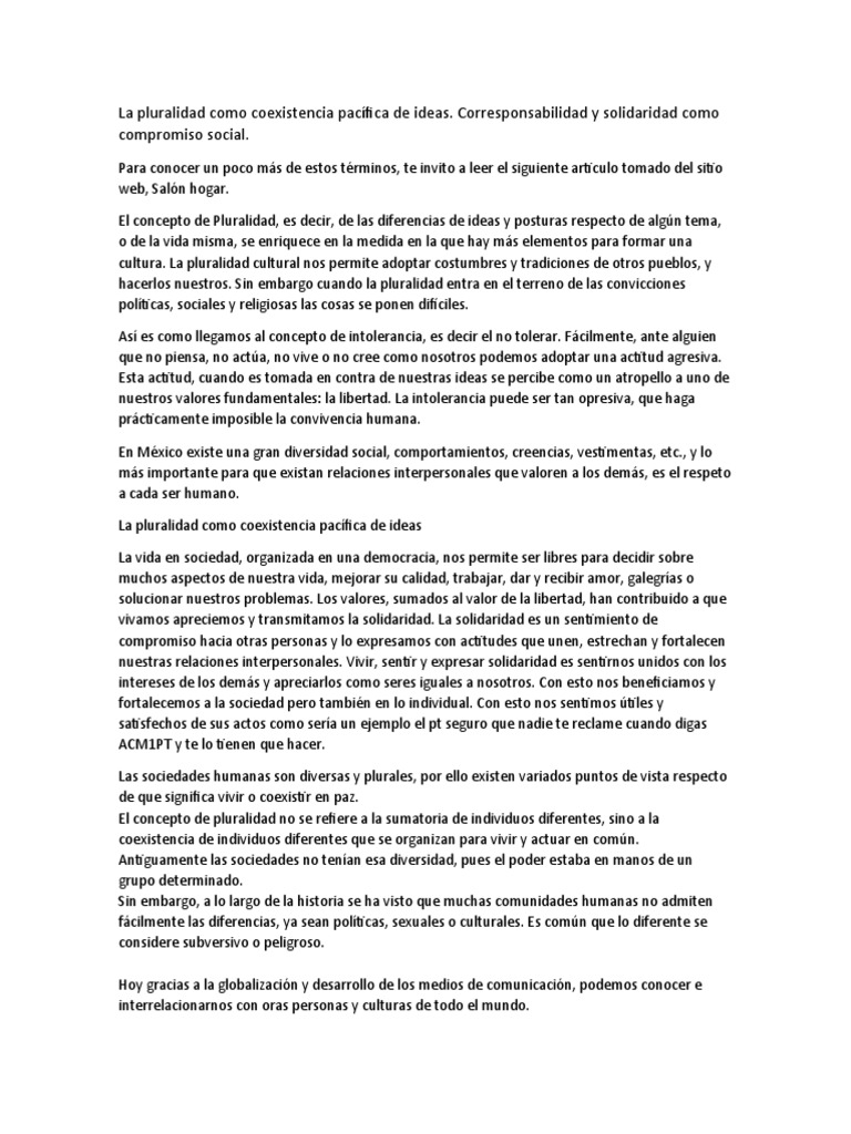 La Pluralidad Como Coexistencia Pacífica de Ideas | PDF | Tolerancia ...