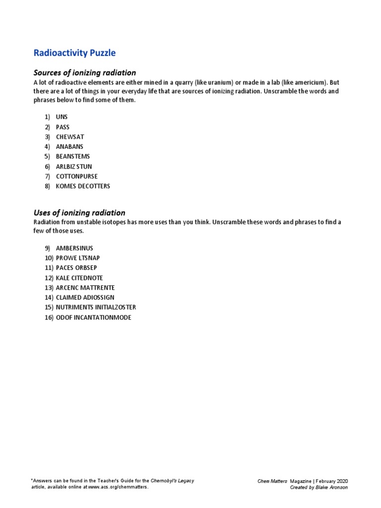Ionizing Radiation Word Puzzle | PDF