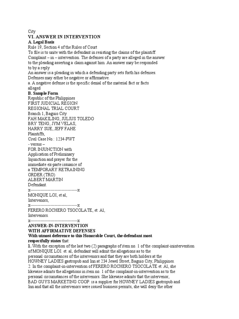 Answer in Intervention | PDF | Injunction | Pleading