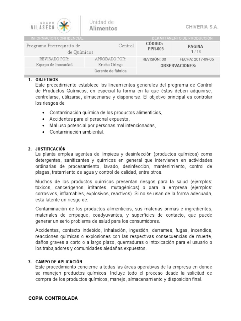 Control de Productos Químicos en Planta | PDF | Seguridad alimenticia ...