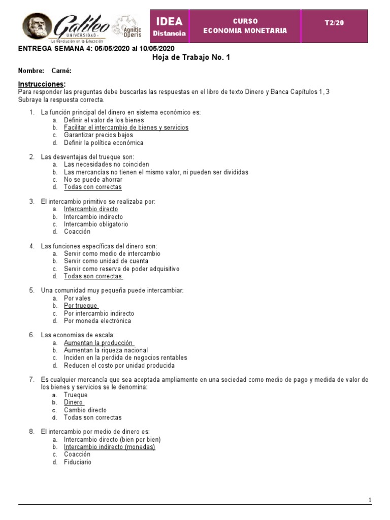 Hojas de Trabajo-1-T2-20 | PDF | Dinero | Permuta