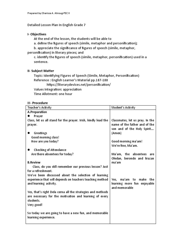 Detailed Lesson Plan in English Grade 7 | PDF | Metaphor | Anthropomorphism