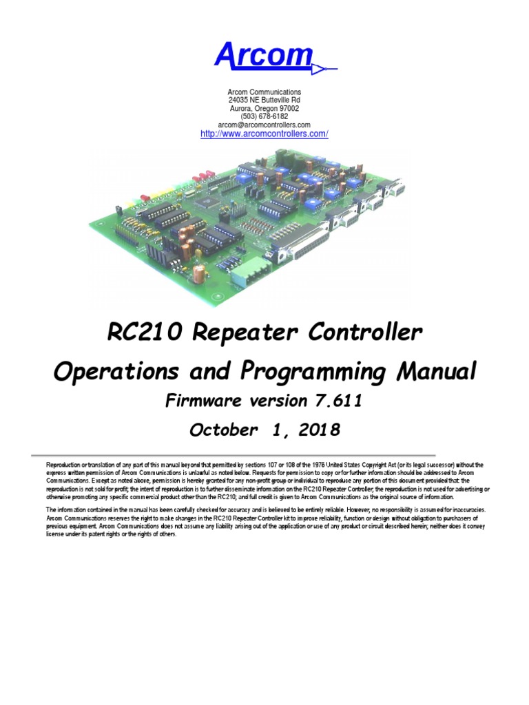 RC210 Repeater Controller Operations and Programming Manual: Firmware Version 7.611 October 1 ...