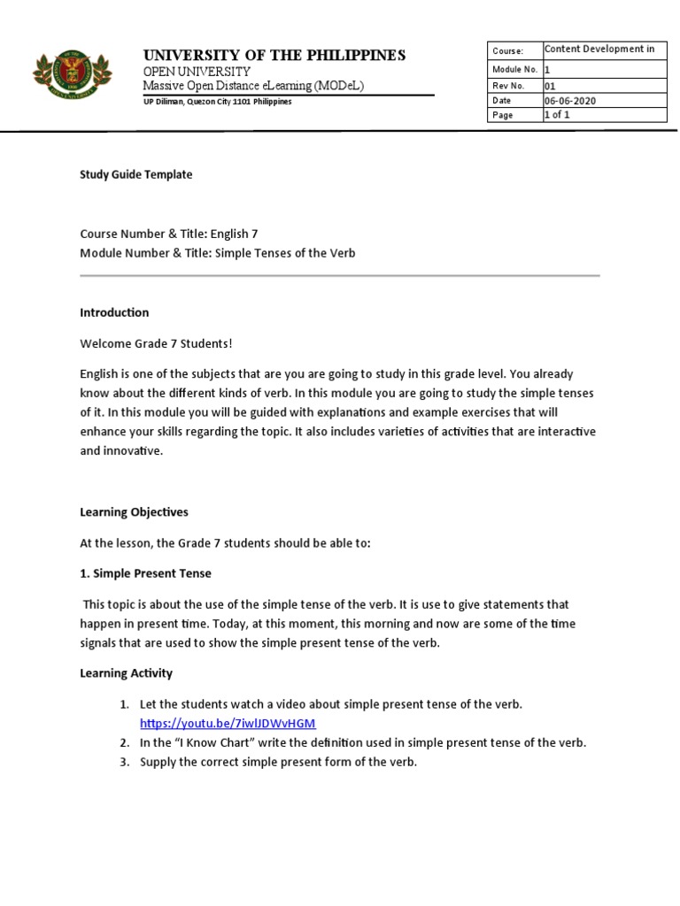 Study Guide Template | PDF | Verb | Grammatical Tense