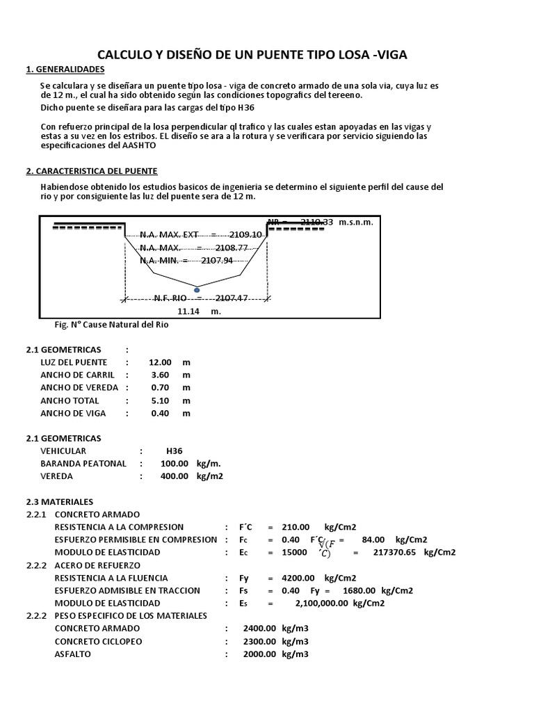 Diseño Puente Losa Viga 12m Pdf Concreto Reforzado Hormigón