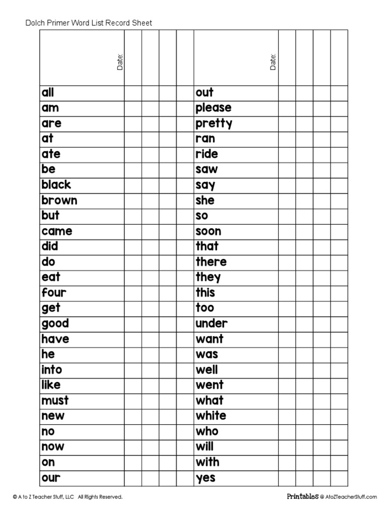 Dolch Primer Word List Record Sheet | PDF