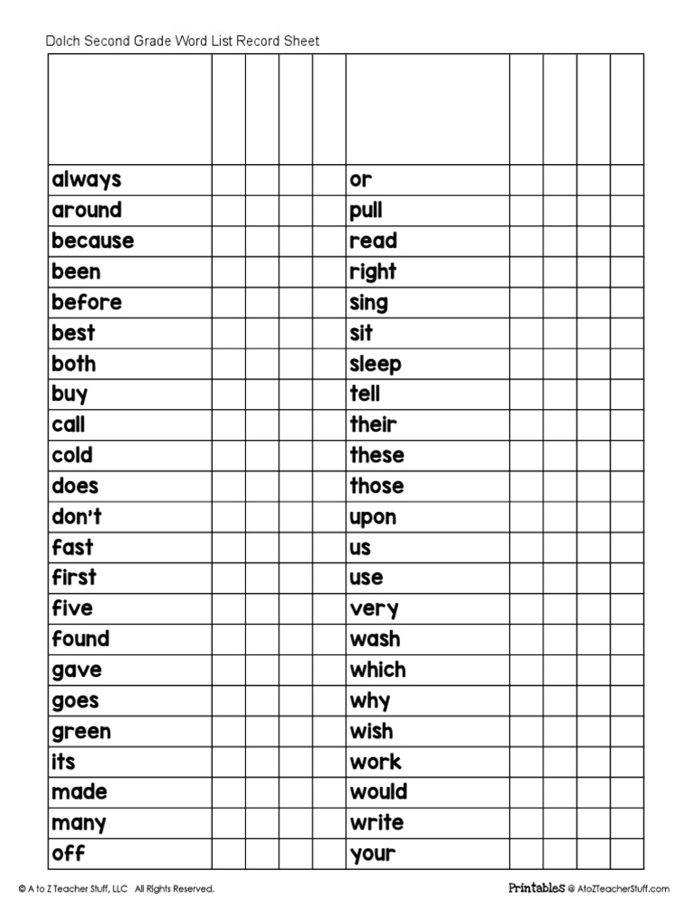 Dolch Second Grade Word List Record Sheet | PDF