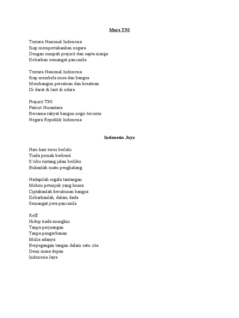 LIRIK Mars TNI, Indonesia Jaya, Merah Putih | PDF